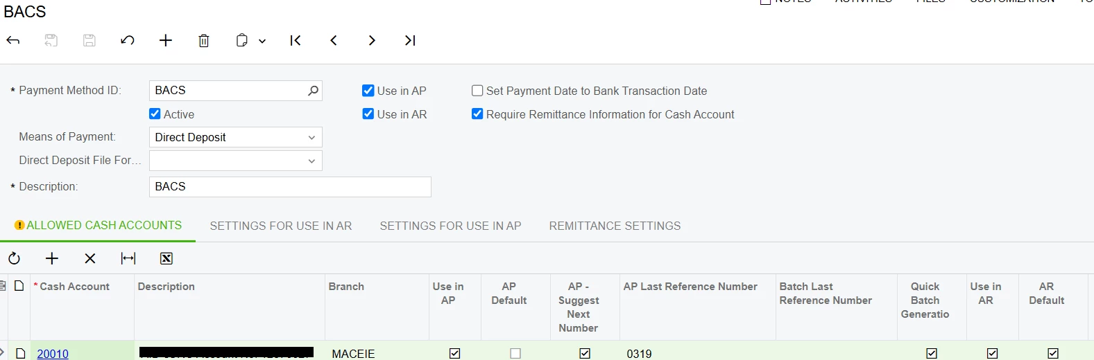 Inserting 'AR Payment' record raised at least one error. CashAccountID: 'Cash Account' cannot be ...