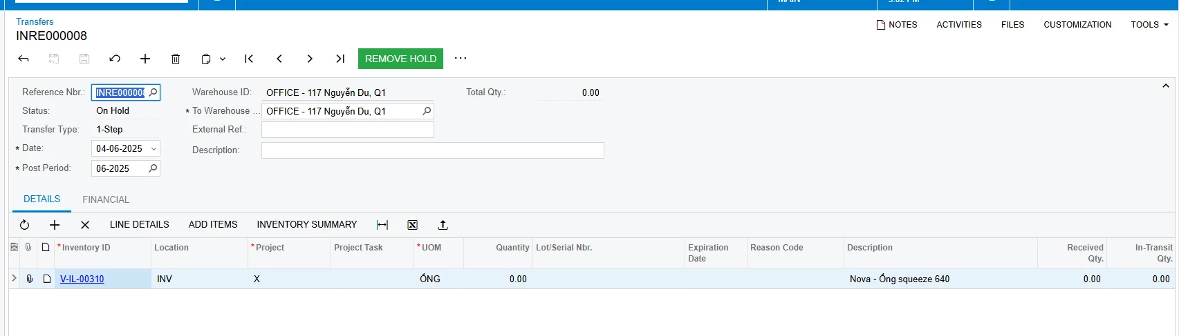 Issue with Inventory Transfer and Zero Quantity in Acumatica 25R1 | Community