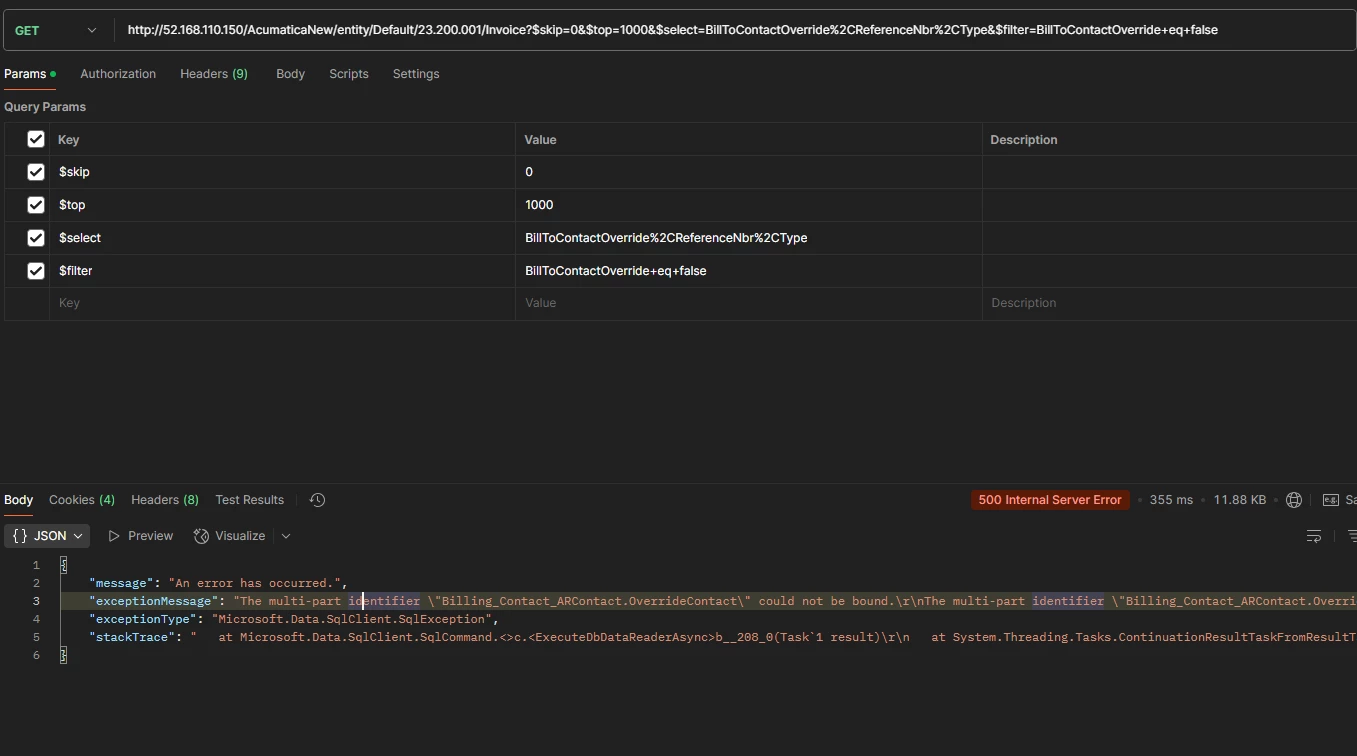 The multi-part identifier "Billing_Contact_ARContact.OverrideContact" could not be bound ...