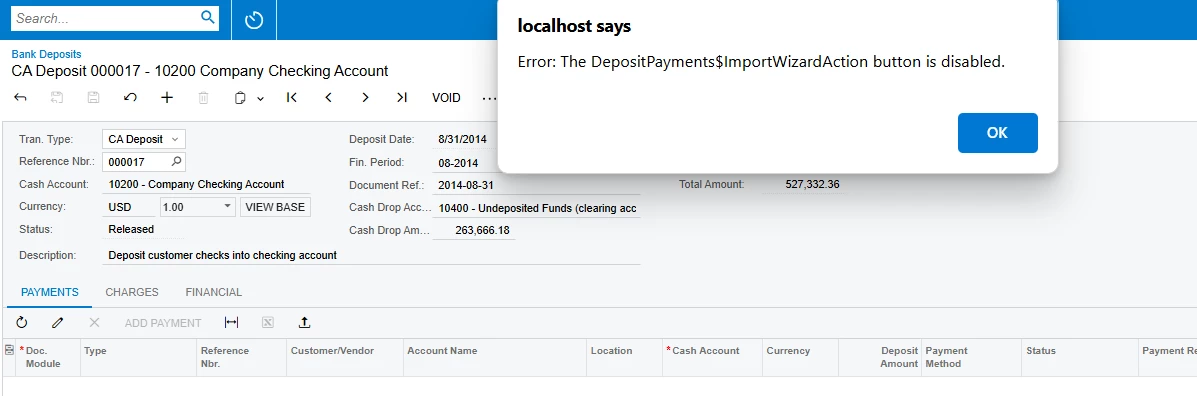 How to Enable Upload Button on Bank Deposits (CA305000) Screen? | Community