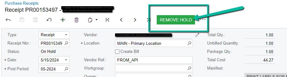 REST API: remove hold on an existing PurchaseReceipt | Community
