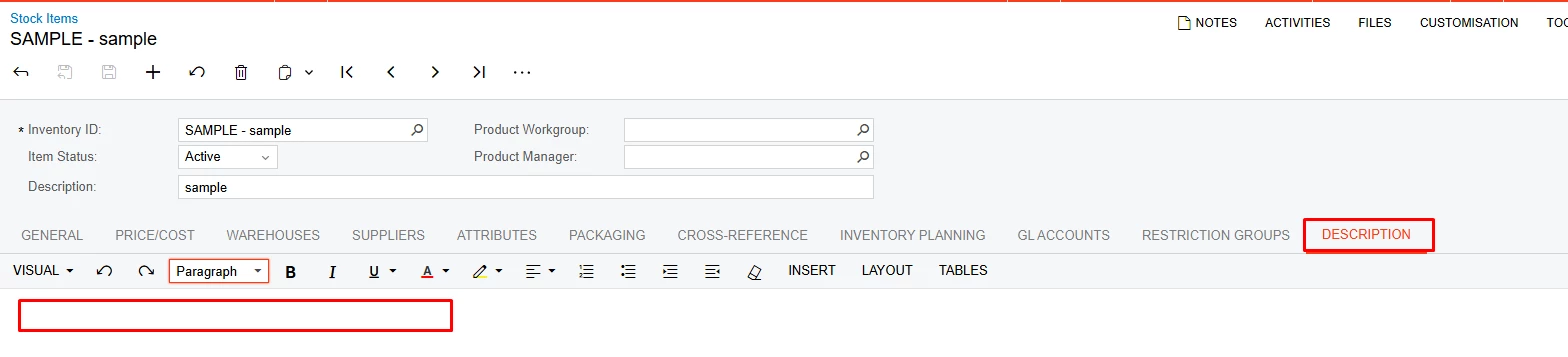 The stock item description disappears when I switch to another tab and then return to the ...