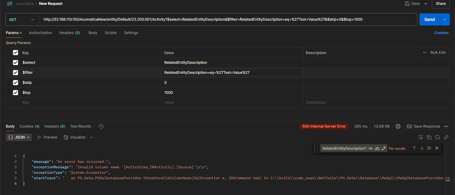 API - Invalid column name '[Activities_CRActivity].[Source] when filtering Activity with ...