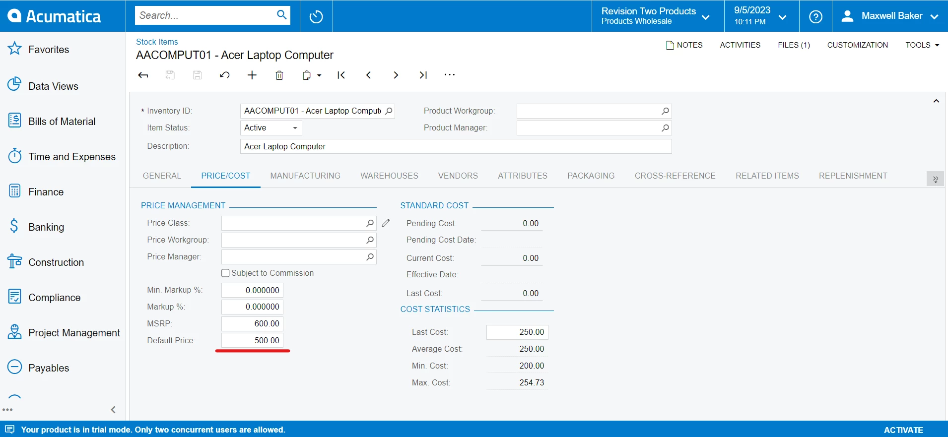 Update the Stock Items (IN202500) default price field by a Import Scenario | Community