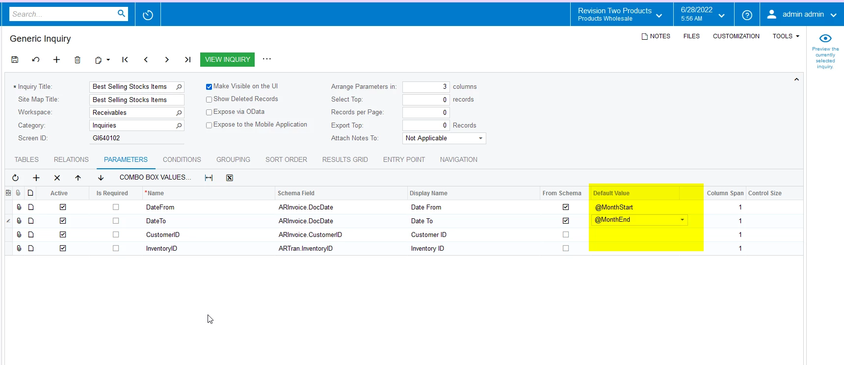 Edit Generic Inquiry To Include A Default Date Range Of MTD Community