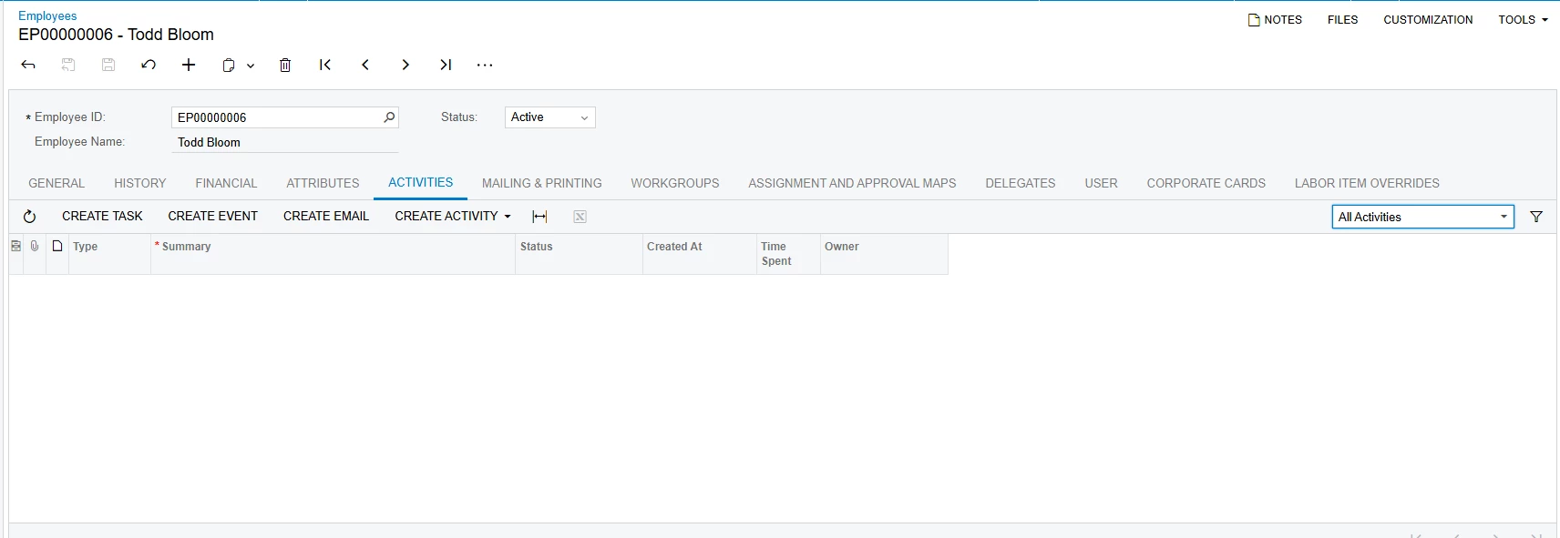 How can I globally customize the Activities tab and the Activities pop-up window (accessed via ...