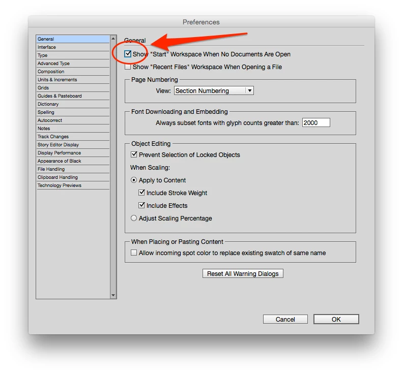 How to toggle preference: "Show Start Workspace when no documents are ...