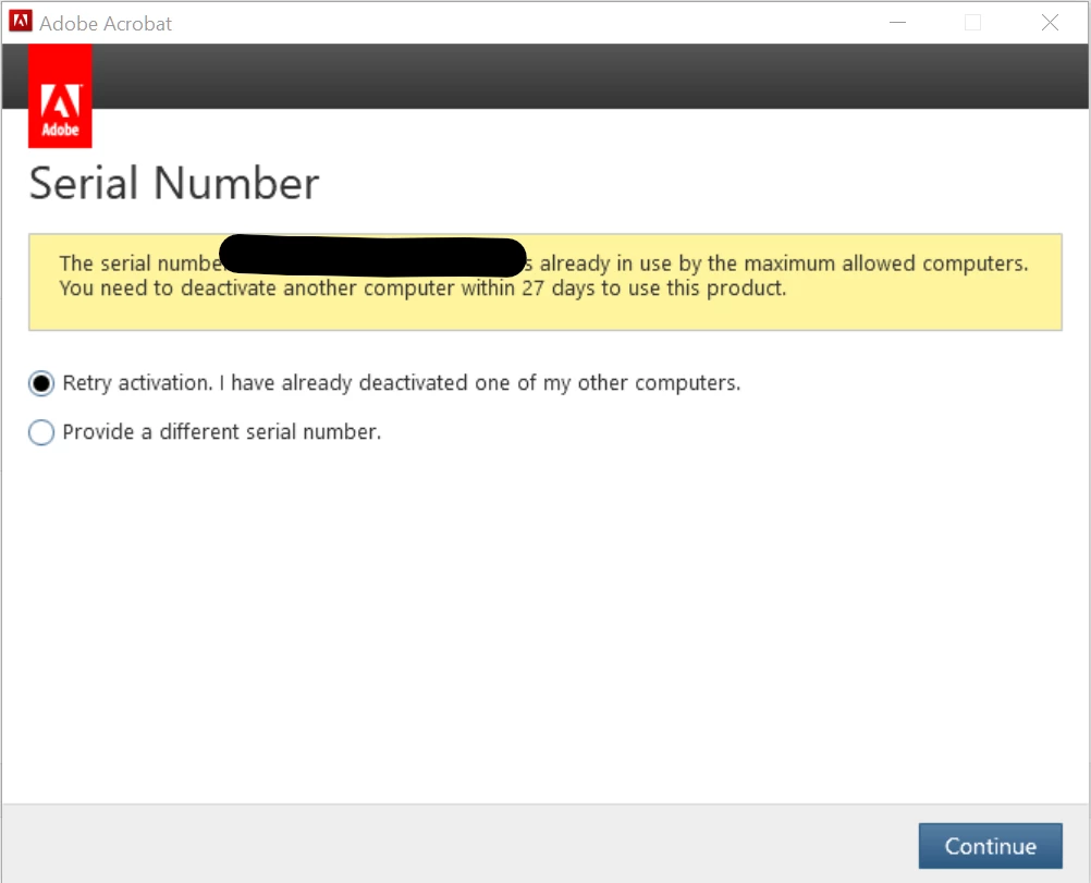 Adobe Acrobat DC 12 - The serial number is used by too many computers ...