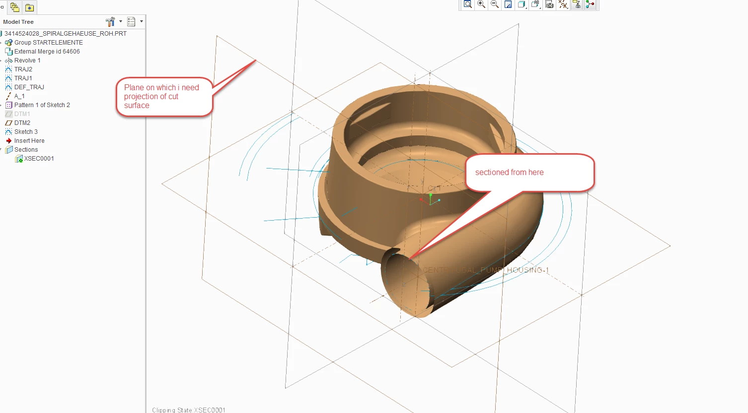 How can I project the end of sectioned surface on a plane? | Community