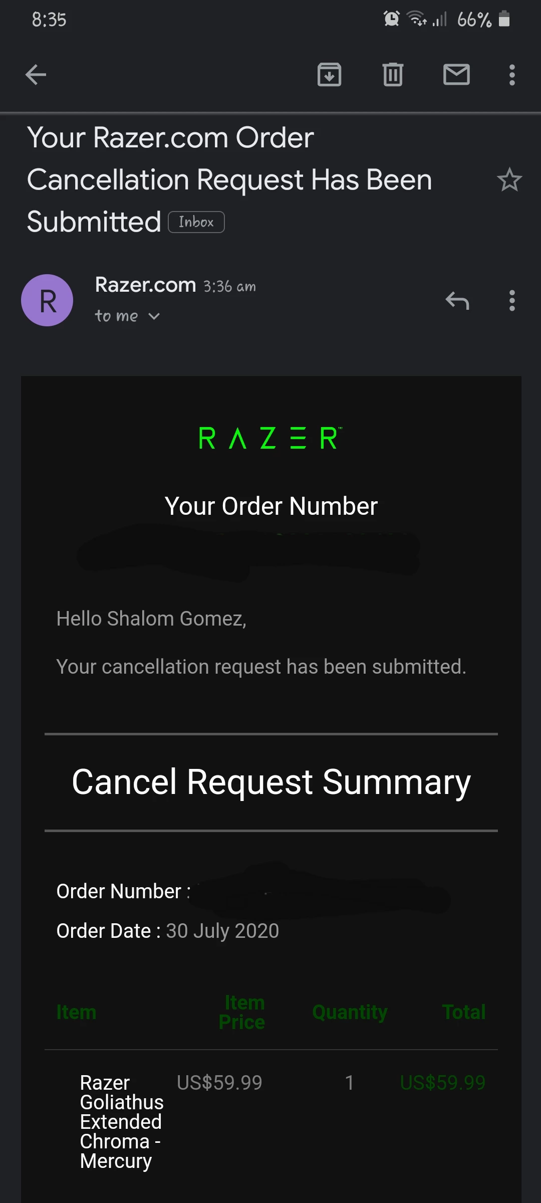 Order Cancellation Request | Razer Insider