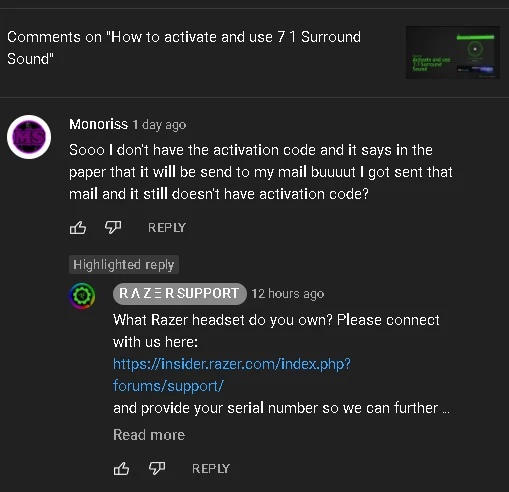 Didn't receive activation code for ( Surround 7.1 app ) Kraken V3 ...