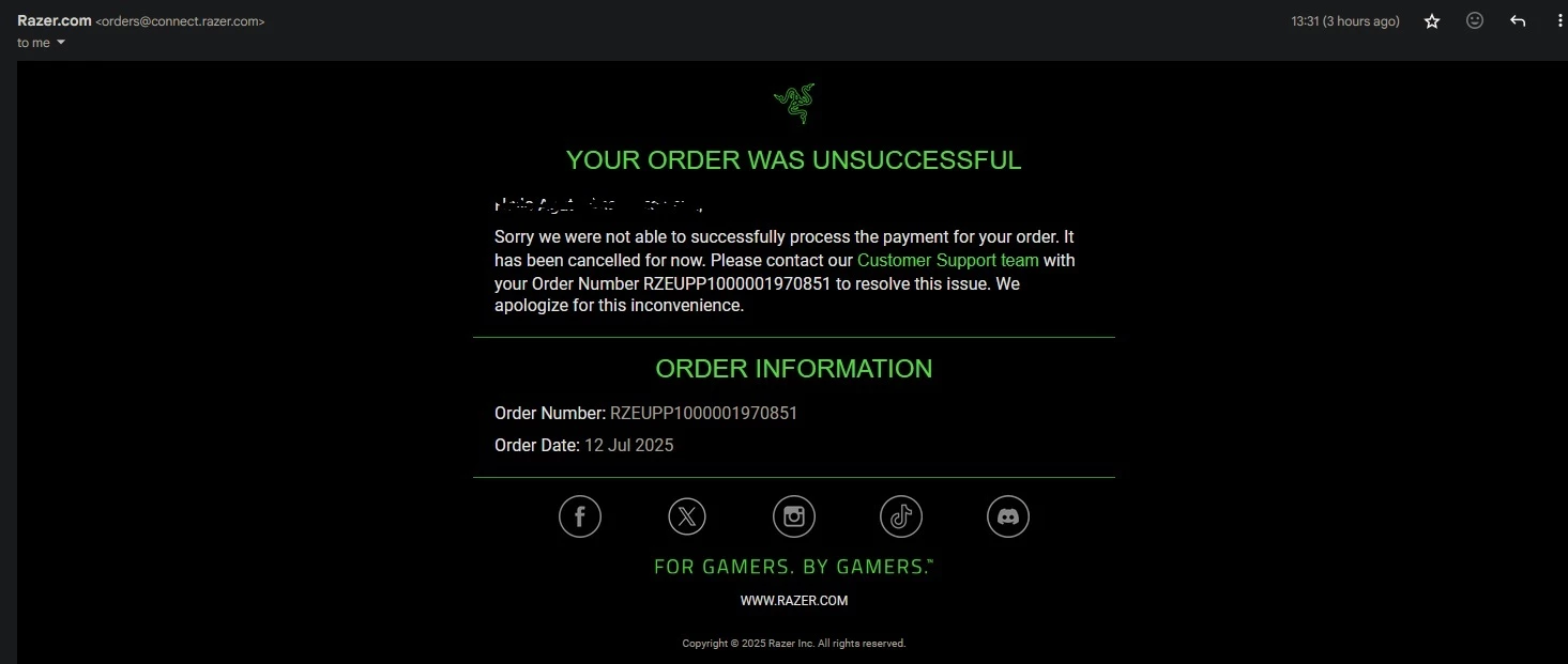 Your order was unsuccessful, why? | Razer Insider