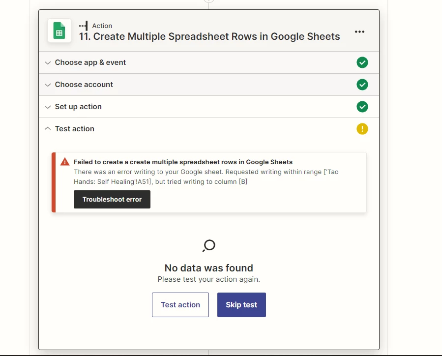 Error Failed To Create Multiple Spreadsheet Rows In Googe Sheets 